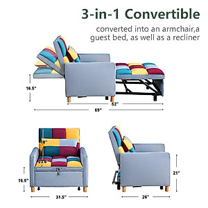 ODUWA Convertible Chair Bed,3-in-1 Sleeper Single Sofa Chair Bed with Pillow,Adjustable Backrest Recliner with Soft Velvet Fabric,Pull Out Sleeper Bed for Living Room,Dorm,Apartment,Bedroom or Office