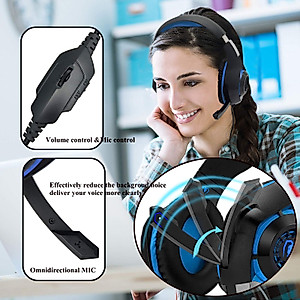 SVYHUOK Wired Gaming Headset for PS4, Over-Ear PC Headphones As Gifts for Kids Teens, Gamer Headset with Mic LED Light 3D Bass Surround Sound, Memory Foam Earpad for Mac, Laptop, Mobile (Black Blue)