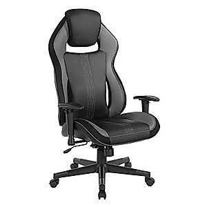 OSP Home Furnishings BOA II Ergonomic Adjustable High Back Gaming Chair with Thick Padded Coil Spring Seat, Built-in Lumbar Support and Headrest, Black Bonded Leather with Grey Accents