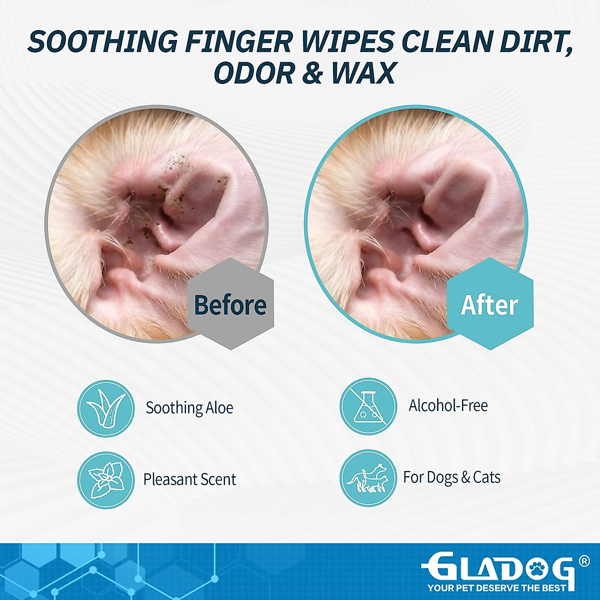 GLADOG Dog Ear Cleaner Finger Wipes, Ear Finger Wipes for Dogs Cats, Gently Removes Dirt & Odor, Dissolves Wax Build-Up, Easy to Use, Ear Cleaning Finger Wipes for Dogs, Natural Ingredients - 55 Count