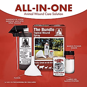 Topical Wound Spray Kit - 16 oz Refill Bottle w/ Baking Powder, Funnel, Spray Trigger, & Shaker - No Sting Antiseptic Spray for Wounds for Faster Healing - Wound Care for Equine and Other Farm Animals