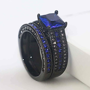 ringheart 2 Rings Luxury Couple Rings Black Gold Filled Princess Cut Blue Cz Womens Wedding Ring Sets Man Tungsten Wedding Band (Please Buy Two Rings for one Pair)