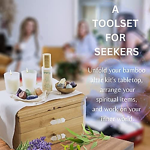 Energy Mindfulness Altar Starter Kit with Altar Cloth, Sage Spray, 2 Soy Wax Candles, 7 Chakra Healing Crystals - Bamboo Wooden Box with Fold-Out Table Top & Drawers with Quartz Crystal Handles