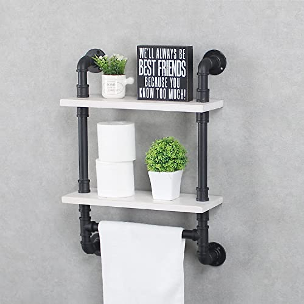 Industrial Pipe Shelving Bathroom Shelves Wall Mounted, 2-Layer 24in Rustic Wood Shelf with Towel Bar,Farmhouse Towel Rack Metal Floating Shelves Towel Holder (TypeA, White)