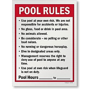 SmartSign 24 x 18 inch “Pool Rules - Use Pool At Your Own Risk, No Glass, Pool Hours” Write-On Sign, Digitally Printed, 160 mil Corrugated Plastic, Red, Black and White