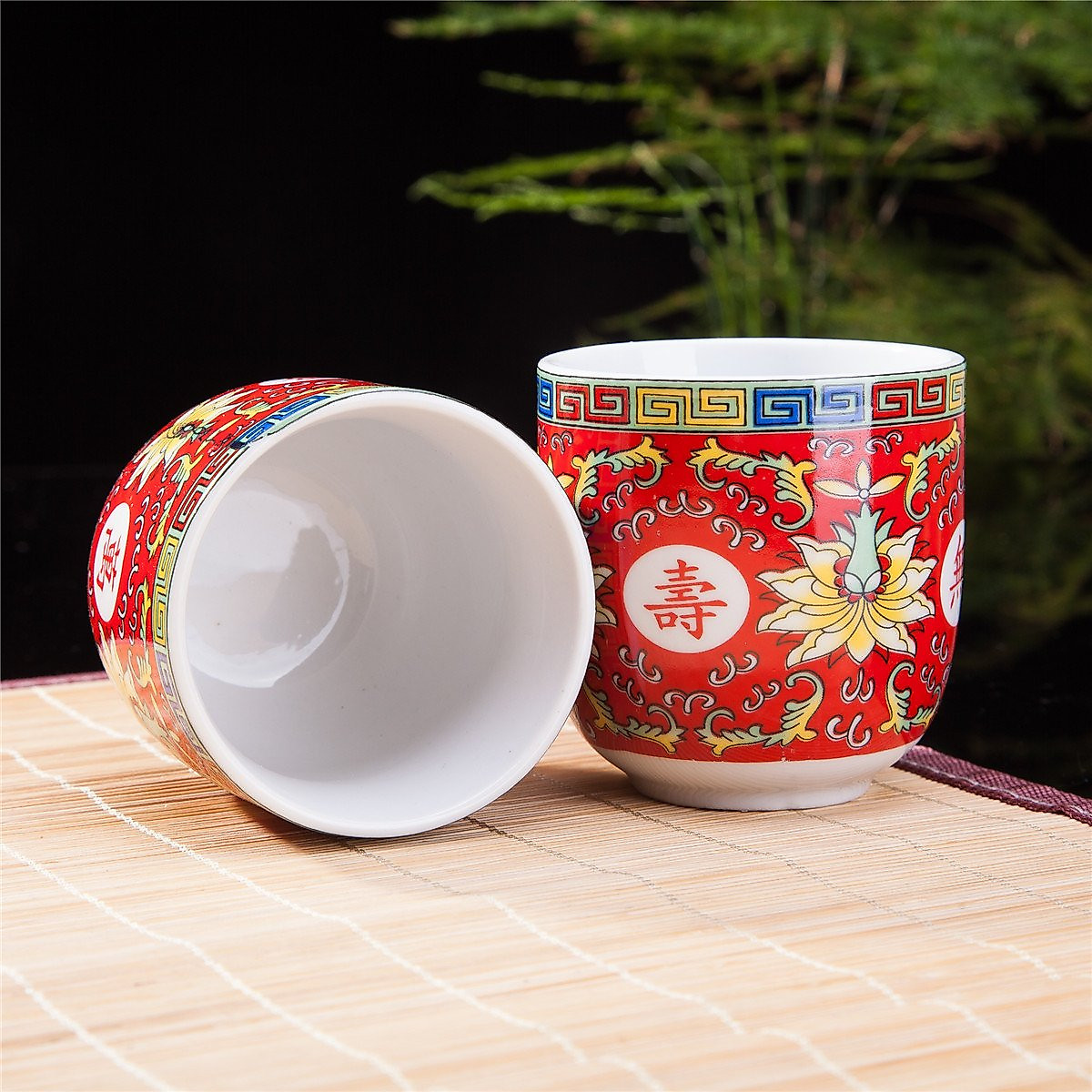 THY COLLECTIBLES Set Of 6 Eastern Asian Design Ceramic Tea Cups In Red Longevity Symbol - 8 OZ Capacity Each