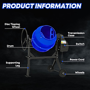 SILVEL 4.3 Cu.Ft. Concrete Mixer Machine, 450W 3/5HP Electric Cement Mixer Machine with Wheel and Stand for Stucco