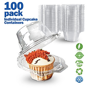 IHONGBEI 100 Packs Individual Cupcake Containers Stackable Single Compartment Cupcake Disposable Carrier Holder Box Deep Dome Clear Plastic BPA-free (100 PCs)
