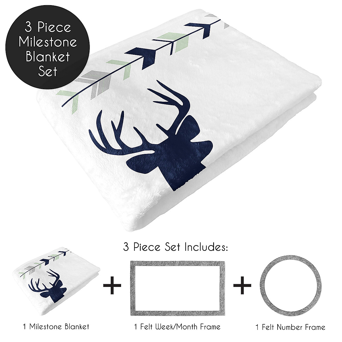 Sweet Jojo Designs Woodland Deer Boy Milestone Blanket Monthly Newborn First Year Growth Mat Baby Shower Memory Keepsake Gift Picture - Navy Blue, Mint and Grey Woodsy Forest Arrow Be Brave