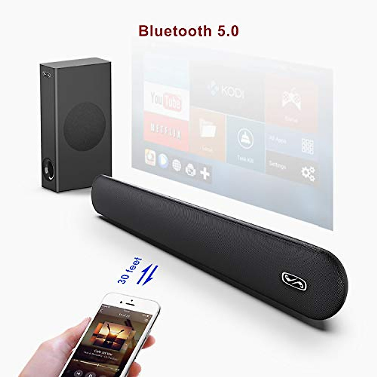 Bestisan Soundbar 28-Inch 80W with HDMI-ARC, Bluetooth 5.0, Optical Coaxial USB AUX Connection, 4 Speakers, 3 EQs, 110dB Surround Sound Bar Home Theater (28 Inch Glossy Black)