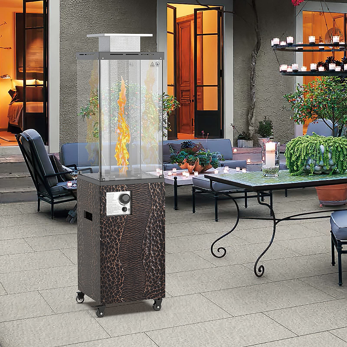 OTSUN 56'' Patio Heater, Outdoor Propane Heater with Wheels, Metal hood, Weather Cover, 41000 BTU Gas Fireplace, 201 Double Tempered glass