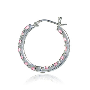 Sterling Silver Light Pink Cubic Zirconia Inside Out 3x25 mm Round Hoop Earrings