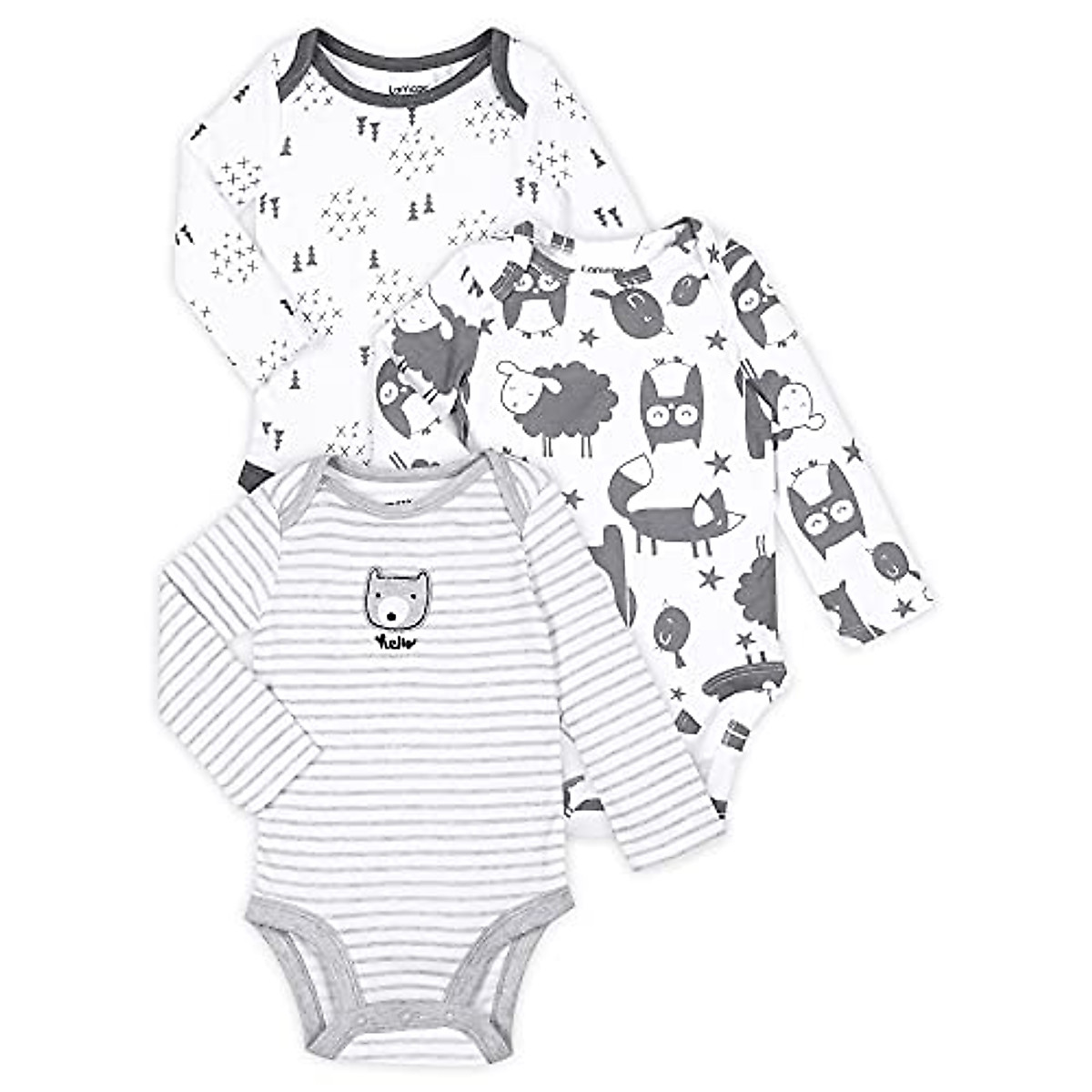 Lamaze Baby Super Combed Natural Cotton Long Sleeve Bodysuit, Snap Closure, 3 Pack, Gray Woodland, 3 Months