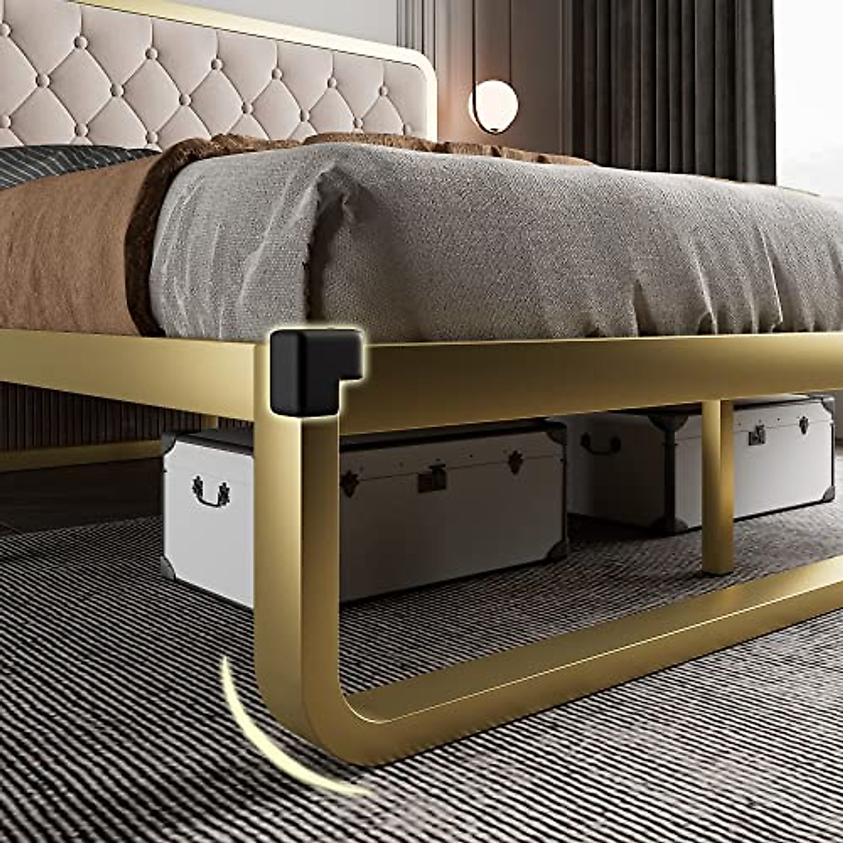 Feonase Full Size Platform Bed Frame with Heavy-Duty Steel Slats, Velvet Upholstered Headboard, 12" Storage Space, No Box Spring Required, Noise Free, Easy Assembly, Golden and Beige