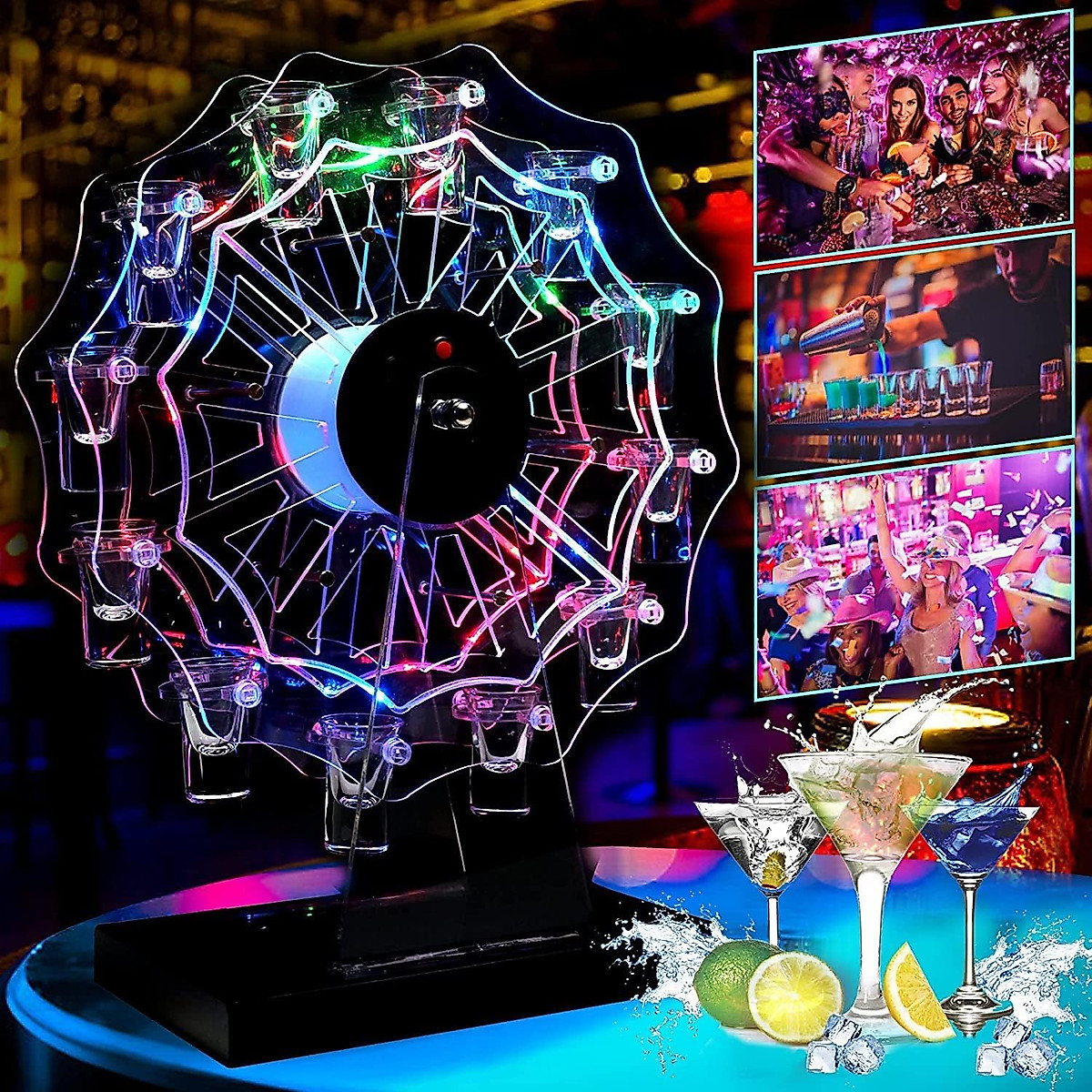 Liquor Shelves Ferris Wheel Tequila LED Liquor Bottle Display Shelf ,Ice Wine Stand, Colorful Light Spinning Stand with 12 Glasses Cups, Party Bar Drinking Tumblers Stand for Birthday, Wedding