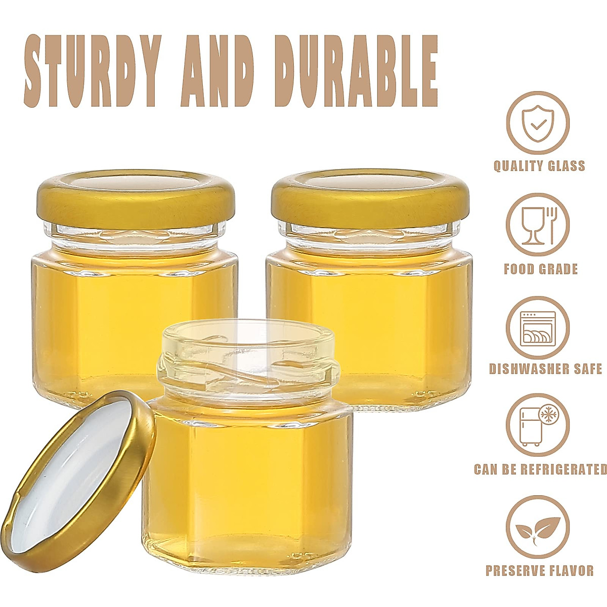 CRTWDMAN 60 Pack Mini Honey Jars/Pot Metal Lids,1.5 oz Glass ,Wooden Dippers,Bee Charms,Jutes,Stickers,Small,Tiny, Baby Shower Wedding Party Favors