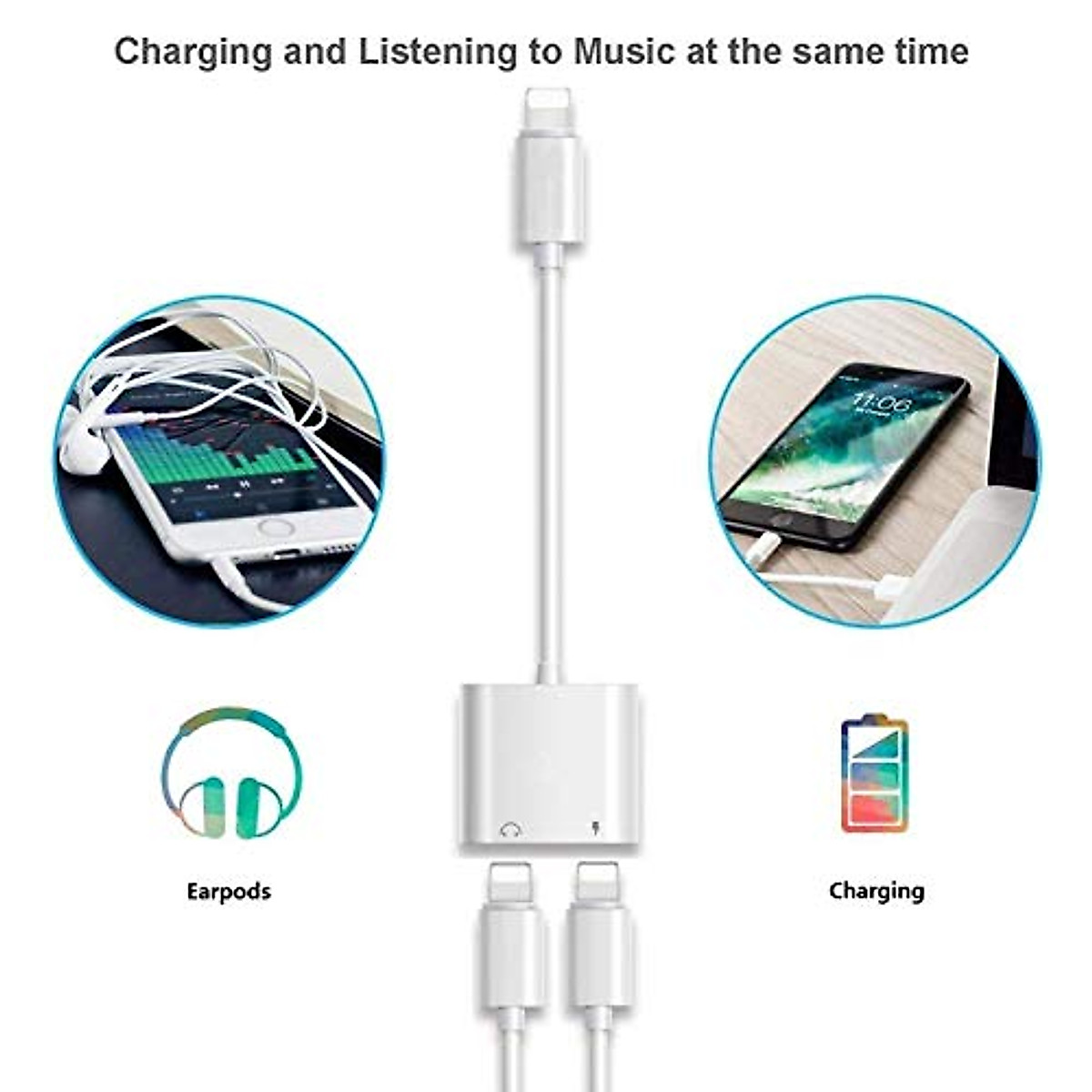 [Apple MFi Certified] iPhone Headphones Adapter & Splitter, 2 in 1 Dual Lightning Charger Cable Aux Audio Adapter Converter for iPhone 12/11/XS/XR/X/8/7/6/iPad, Support Calling+Charging+Music Control