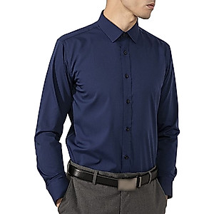 Maiyifu-GJ Men Casual Wrinkle Free Dress Shirt Regular Fit Button Down Shirts Solid Slim Fit Long Sleeve Business Shirts (Dark Blue,Large)