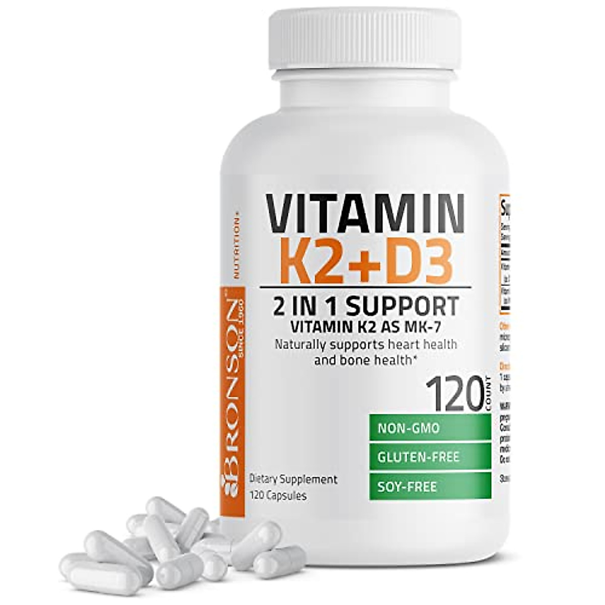 Bronson Vitamin K2 (MK7) with D3 Supplement Non-GMO Formula 5000 IU Vitamin D3 & 90 mcg Vitamin K2 MK-7 Easy to Swallow Vitamin D & K Complex, 120 Capsules
