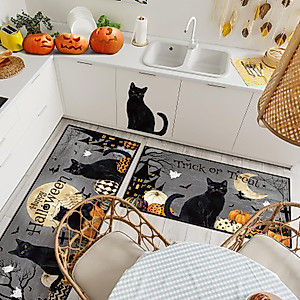 Duraaamo Set of 2 Halloween Cat Kitchen Mats Pumpkin Black Cat Kitchen Mats Trick or Treat Happy Halloween Mats and Rugs for Kitchen Home Decor Halloween Decorations and Accessories