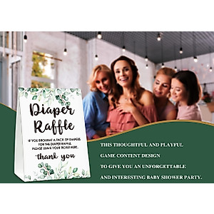 Diaper Raffle Baby Shower Game Set(1 Standing Sign + 50 Guessing Cards), Greenery Diaper Raffle Tickets for Baby Shower, Gold Foil Baby Shower Party Favor Decor - A11