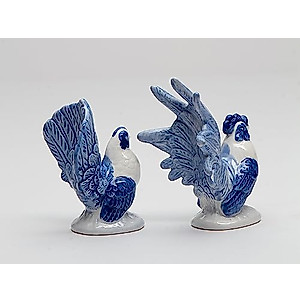 Fine Ceramic Dutch Blue Country Farmhouse Rooster & Hen Salt & Pepper Shakers Set, 3-1/2" H