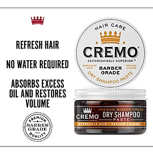 Cremo Barber Grade Dry Shampoo Paste, Refreshes Hair Without Water, 4 Oz