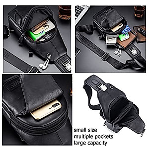 BULLCAPTAIN Genuine Leather Sling Chest Bag Multi-pockets Men Crossbody Bag Travel Casual Small Shoulder Backpack (Black)