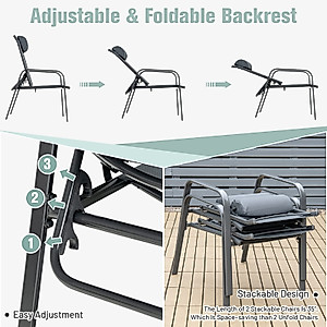 Tangkula 3 Piece Outdoor Bistro Set, Patio Stackable Chairs with Adjustable & Folding Backrest, Removable Headrest and Tempered Glass Coffee Table Set, Patio Conversation Set with Steel Frame (Grey)