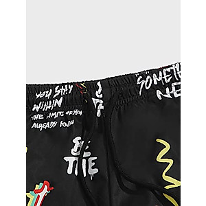 WDIRARA Men's Graphic Print Colorblock Drawstring Waist Active Pocket Shorts Black L