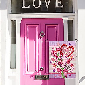 Dyrenson Happy Valentine's Day Pink Red Love Hearts Flower Decorative Garden Flag, Floral Purple Buffalo Plaid Check Farmhouse Yard Outside Decorations Wedding Anniversary Outdoor Small Decor 12x18