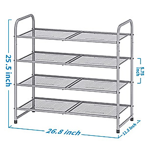 Simple Trending 4-Tier Stackable Shoe Rack, Expandable & Adjustable Shoe Shelf Storage Organizer, Metal Mesh, Silver