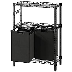 Laundry Sorters with 2 X 45L Laundry Bags & 2 Tier Adjustable Storage Shelf, Pull-Out and Removable Oxford Fabric Laundry Baskets, Black