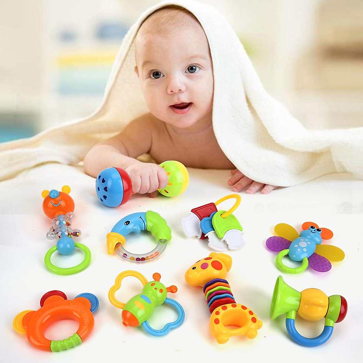 Baby Toys Rattles Teether and Shakers 9 PCS, Baby Newborn Set for Hand Development Early Educational Toys for 0+, 3, 6, 9, 12 Month Newborn Baby, Toddler