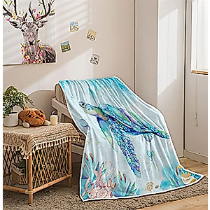 Sea Turtle Blanket Turtle Fleece Throw Blanket for Kids Girls Boys Aqua Teal Blue Super Soft Plush Beach Turtle Sherpa Blanket for Couch Sofa Bed Turtle Gifts for Women Turtle Lovers (50"x 60"inch)