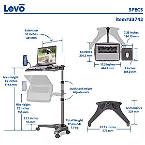 LEVO G2 V16 Mobile Laptop Stand Desk Rolling Cart with Phone Holder and Mouse Tray