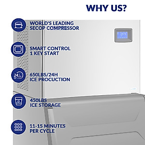 ETL Listed 29.9“ Air Cooling Commercial Ice Maker Machine,Produce 650LBS per Day with 450LBS Stroage,Powered by 1585W SECOP Compressor