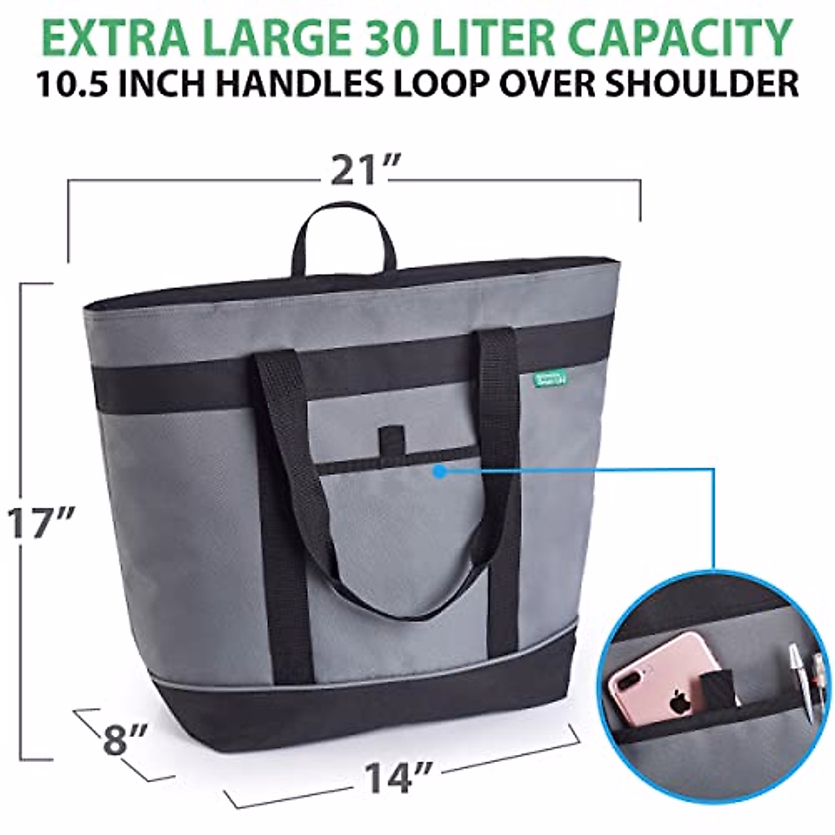 Jumbo Insulated Cooler Bag (Gray) with HD Thermal Insulation - Premium, Collapsible Soft Cooler Makes a Perfect Insulated Grocery Bag, Food Delivery Bag, Travel Insulated Bag, or Beach Cooler Bags