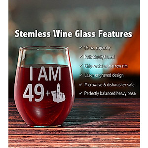 Promotion & Beyond 49 + 1 50th Birthday Finger Graphic Stemless Wine Glass - Funny Birthday Gift For Friends