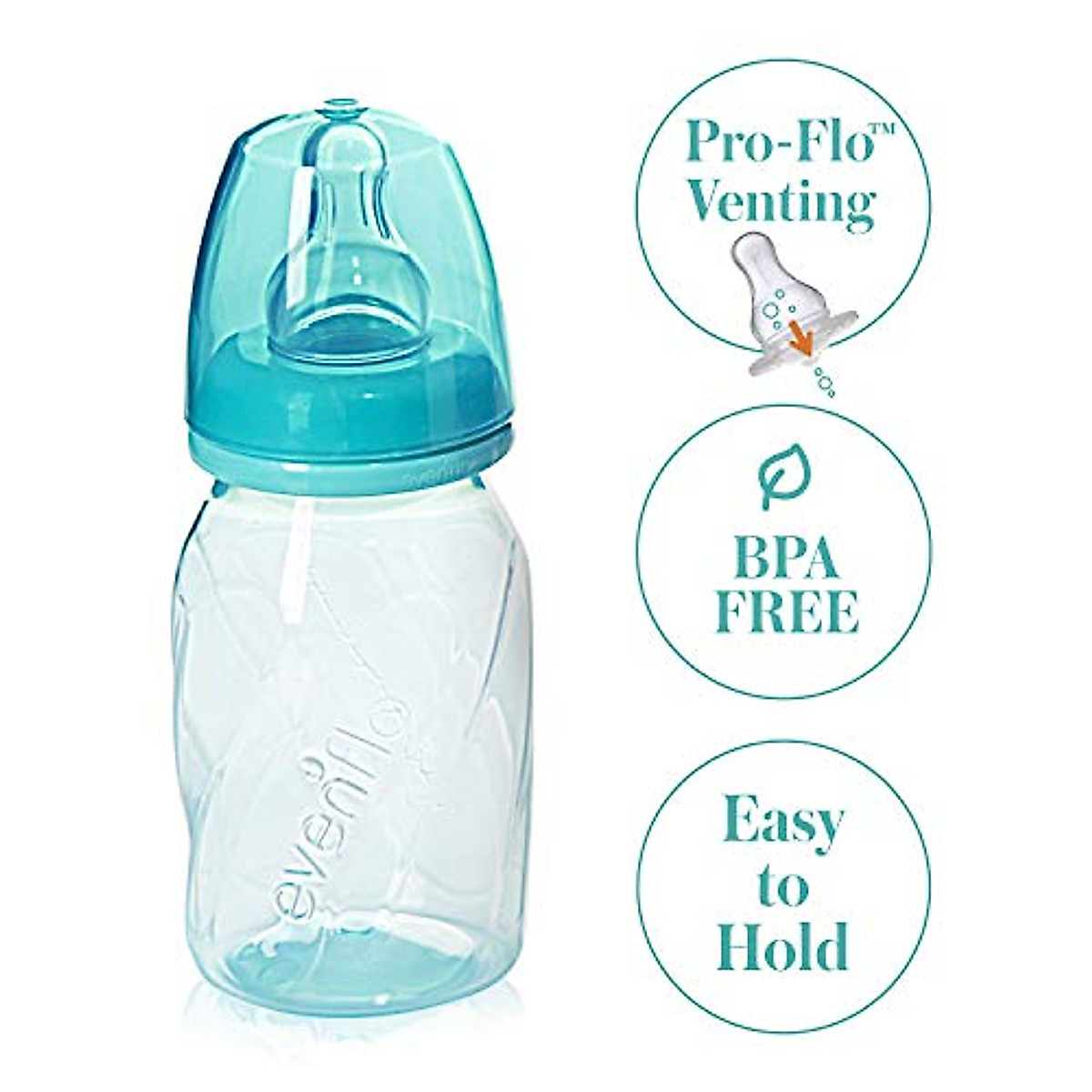 Evenflo Feeding Premium Proflo Vented Plus Polypropylene Baby, Newborn and Infant Bottles - Helps Reduce Colic - Teal/Green/Blue, 4 Ounce (Pack of 6)