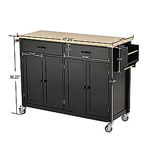 Origeture Large Kitchen Island with Storage, Mobile Kitchen Island Cart on Wheels with 2 Drawers and 2 Storage Cabinets, Solid Wood Countertop, Spice & Towel Racks, Adjustable Shelves, Black