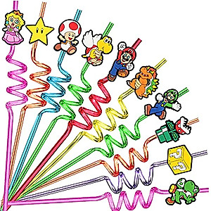 25Pcs Game Party Favors Reusable Drinking Straws, 10 Designs Birthday Party Supplies with 2 Cleaning Brush