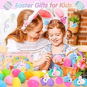 SevenQ Easter Eggs Fillers with Bunny Hair Clips Colorful 24 Pack, Easter Basket Stuffers Party Favors Gift Bags for Kids Cute Stuff Plush Fidget Toys Classroom Treasure Box Egg Hunt Games Supplies