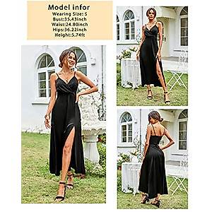Newshows Women's Satin Long Black Dress V Neck Spaghetti Strap Sleeveless Slit Cocktail Wedding Guest Summer Maxi Dress 2023 (Black, Medium)