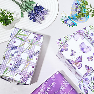 AnyDesign 12 Sheet Floral Wrapping Paper Purple Lavender Butterfly Gift Wrap Paper Folded Flat Floral Art Paper for Wedding Birthday Baby Shower Party Gift Packing DIY Craft, 19.7 x 27.6 Inch