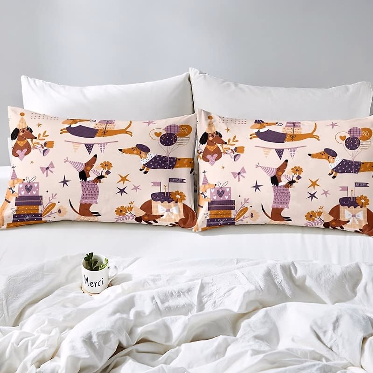 Dachshund Kids Sheet Set Sausage Dog Bed Sheets Set for Boys Children Teens Bedroom Decor Cute Puppy Dog Sheets with Deep Pocket Fitted Sheet Happy Festival Bedding Set Queen Size with 2 Pillow Case