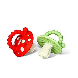 RaZbaby Chompy Teether for Infant & Baby 3M+ Teether Toy with Massaging Bristles for Teething Relief Pacifier - Soothes Sore Gums - Hands-Free & Easy-to-Hold Teether, BPA Free - RED/Green
