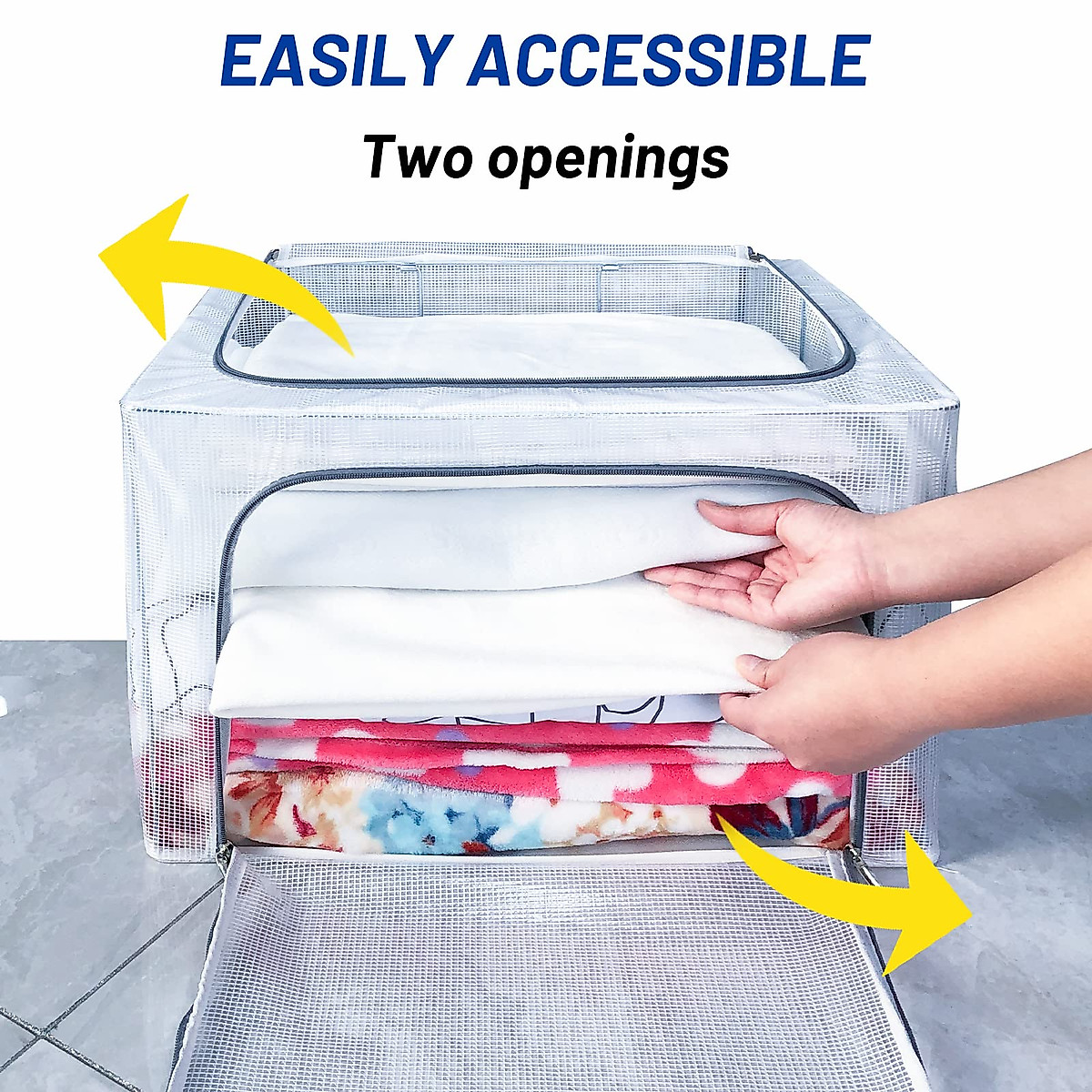 PENGFULL 2 Pack PVC Clear Window Storage Bins,Large Foldable Storage Bins Boxes with Steel Frame, Stackable Container Organizer Set with Carrying Handles,2 Clear Windows,Front Window Take Out, 66L