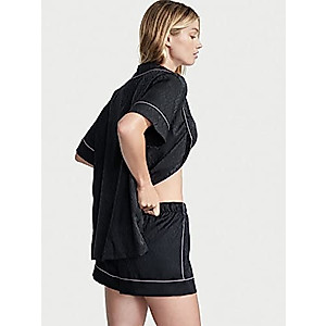 Victoria's Secret Silky Satin Two Piece Short Pajama Set, Satin Fabric, Unlined, Women's Pajamas, Black (XL)