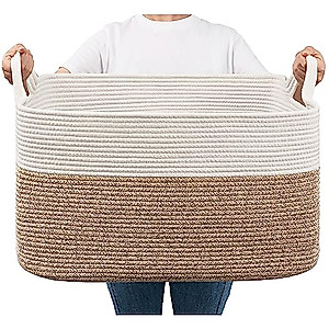 Goodpick Large Blanket Basket, Woven Basket for Storage Rectangle Dirty Clothes Basket for Laundry, Living Room, Nursery, Bedroom Rope Storage Basket for Blankets, Toys, 21.6" x 14.9" x 11.8", 65L